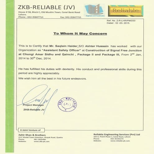 Experience Letter ZKB PK | PDF