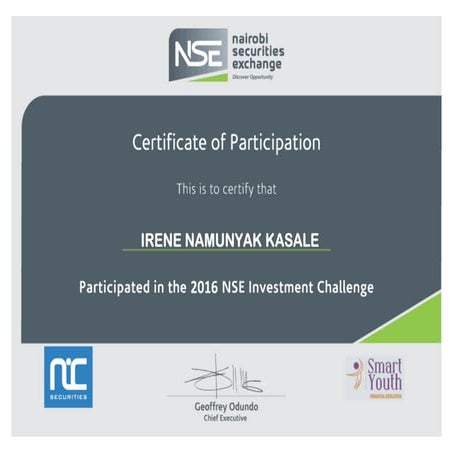 NSE Investment Challenge 2016 Cert - Irene Namunyak Kasale | PDF