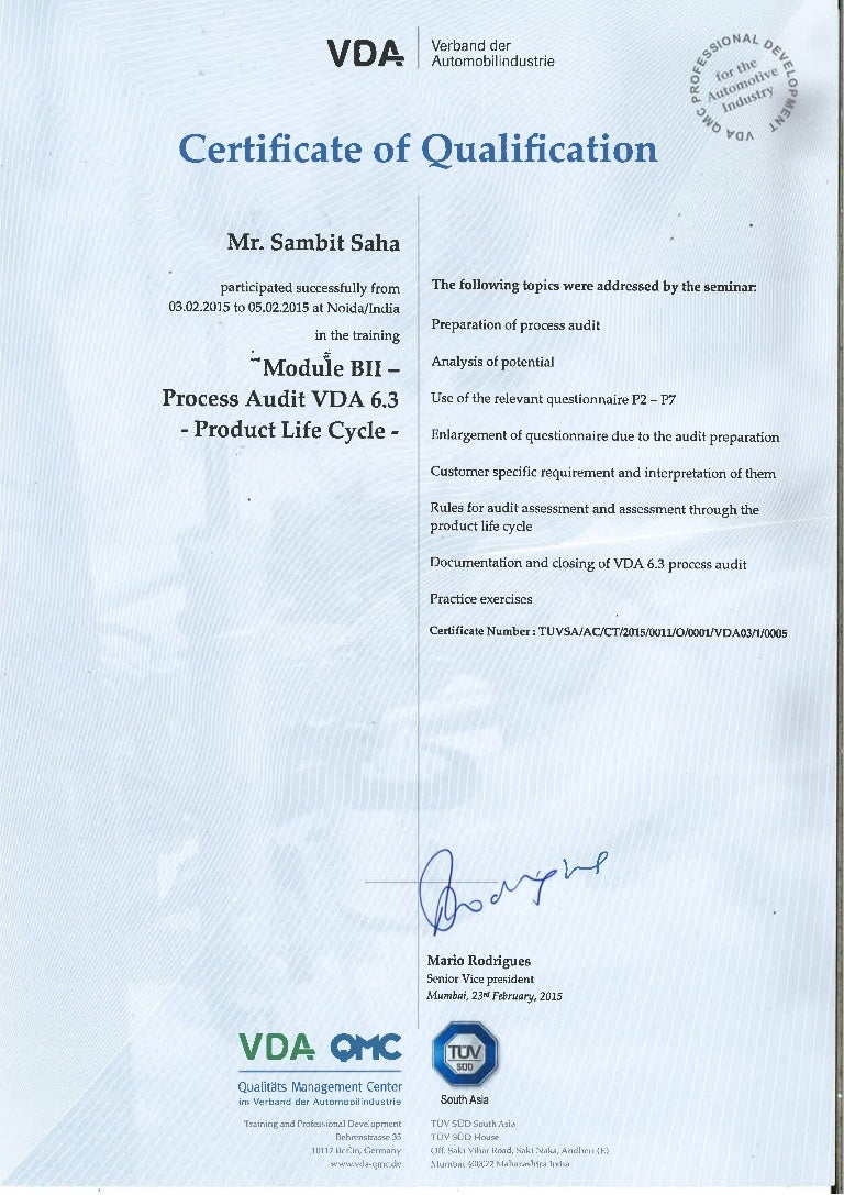 VDA 6.3_Module BII Process Audit_Product life Cycle _Certificate