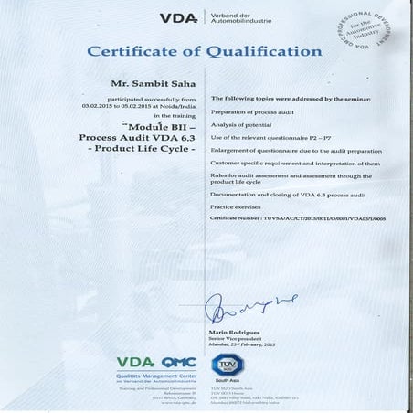 VDA 6.3_Module BII Process Audit_Product life Cycle _Certificate | PDF