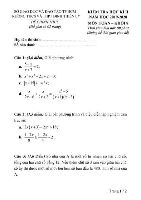 Đề Thi HK2 Toán 8 - THCS Tô Ký | PDF