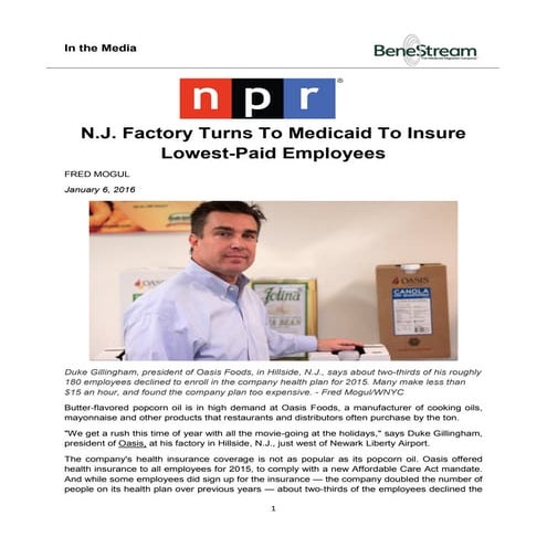 NPR_NJ Factory Turns To Medicaid To Insure LowestPaid Employees | PDF