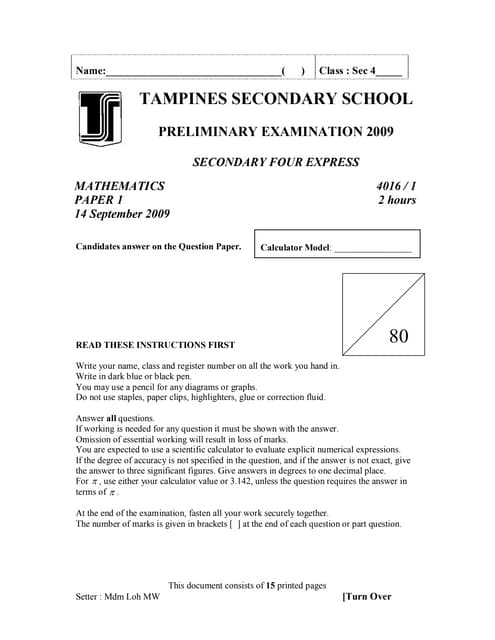 Cambridge checkpoint maths p1 specimen 2012 | PDF | Educational ...