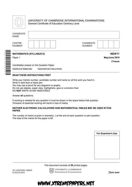Cambridge checkpoint maths p1 specimen 2012 | PDF