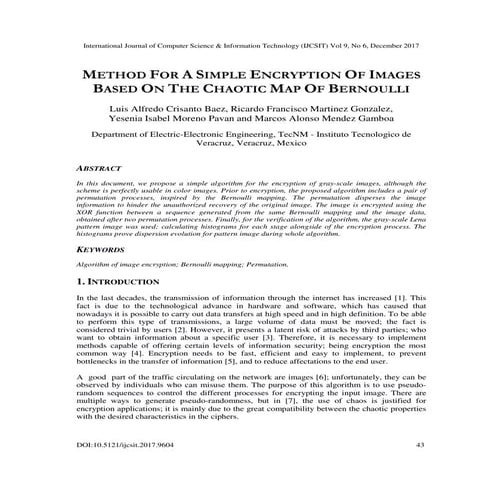 Method For A Simple Encryption Of Images Based On The Chaotic Map Of Bernoulli Pdf 2005