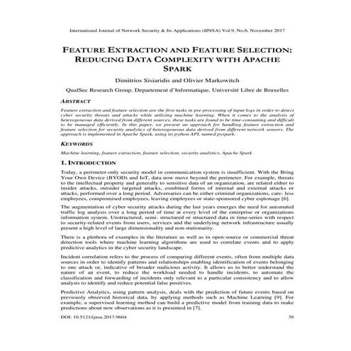 FEATURE EXTRACTION AND FEATURE SELECTION: REDUCING DATA COMPLEXITY WITH APACHE SPARK | PDF