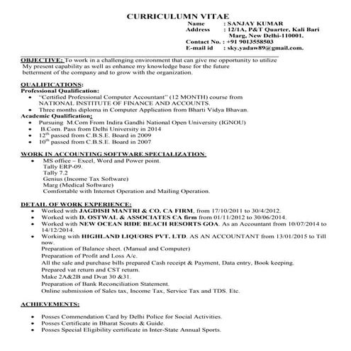 C.v. sanjay kumar | PDF | Business Accounting & Finance | Business