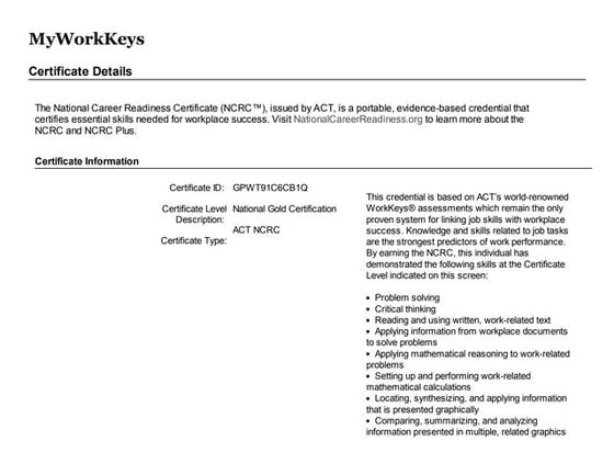 My WorkKeys_ Certificate Details | PDF
