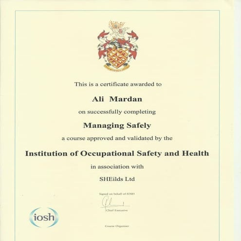 IOSH MS Certificate Ali Mardan | PDF