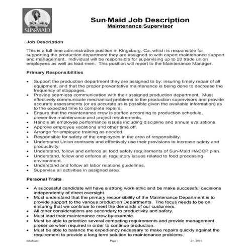 Sun-Maid_Maintenance Supervisor_Job Description | DOC