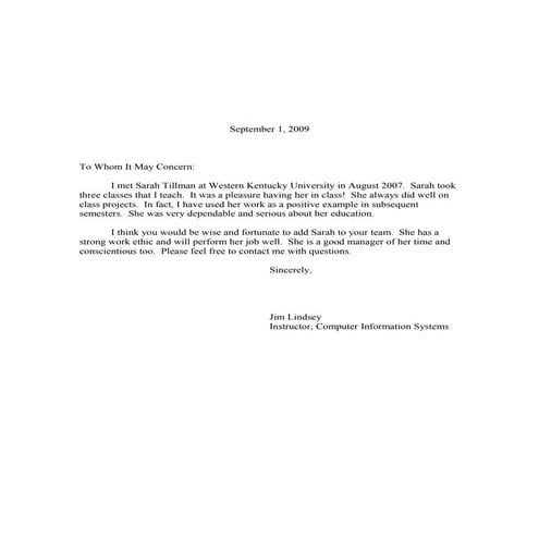 Sarah Tillman Letter | DOC