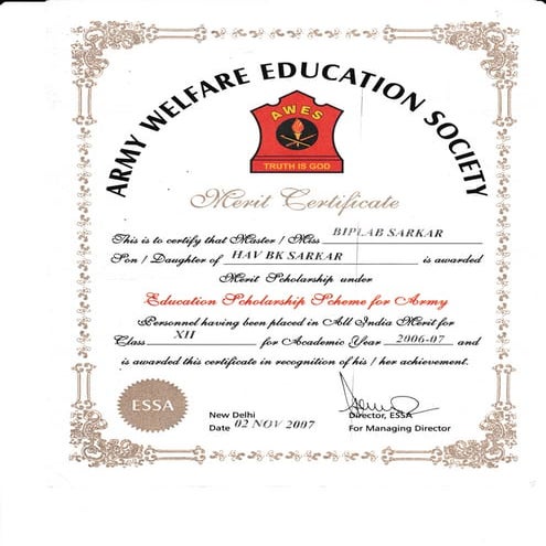 Certificate for Army Education society | PDF