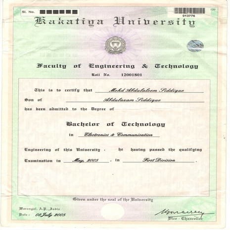abdul Aleem B.tech Certificate | PDF