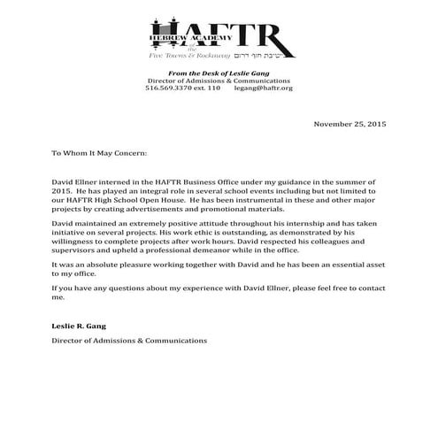 David Ellner Recommendation Letter | PDF