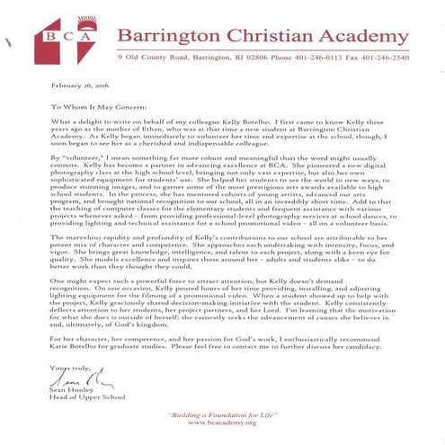 Kelly Recommendation Letter Barrington Christian Academy | PDF