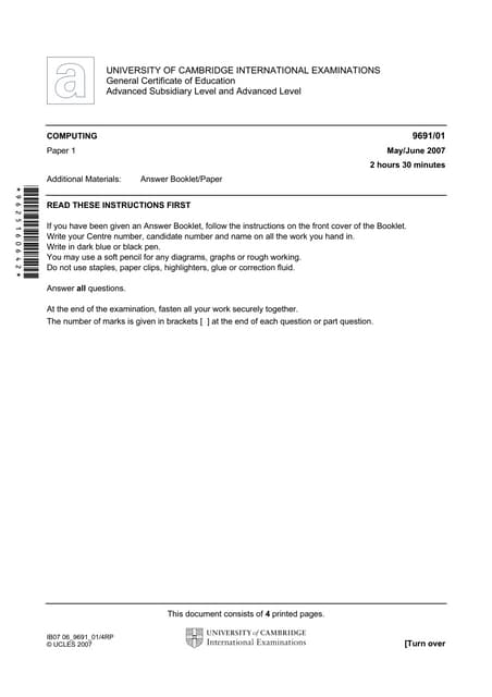 Computing 9691 Test Paper Paper 1 For May June 2007 Cambridge Pdf Free Download