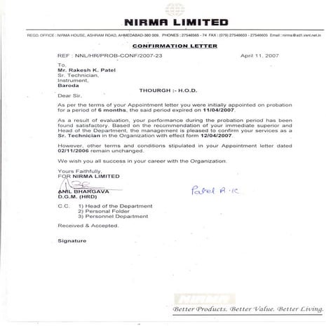 Nirma Conformation LETTER 2006 | PDF