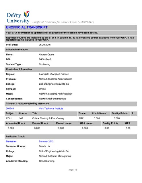 Academic Transcript | PDF | Undergraduate Education | College Education