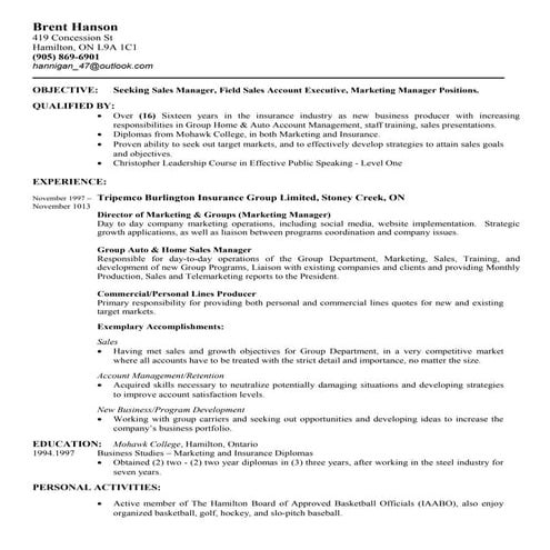 Brent Hanson Sales Resume | DOC