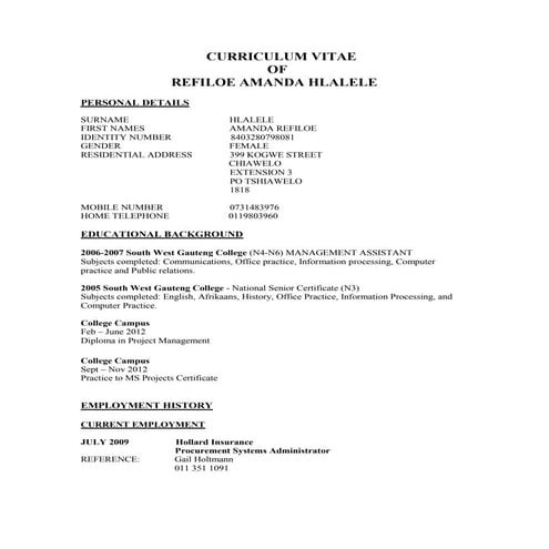 CURRICULUM VITAE Refiloe Hlalele | PDF