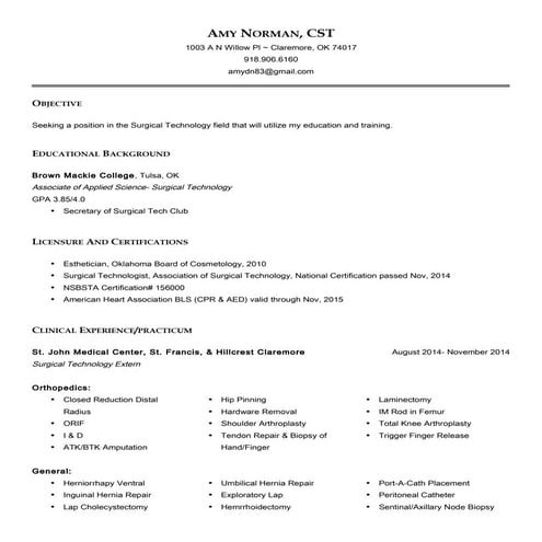 Surgical Technologist- Amy Norman resume | RTF