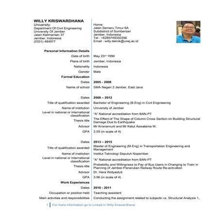 CV (ENG) - WILLY KRISWARDHANA | PDF | Civil Engineering Industry ...