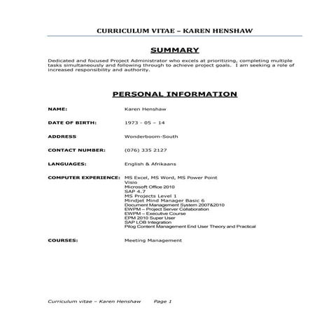 Karen Henshaw CV | DOCX | Computing | Technology & Computing