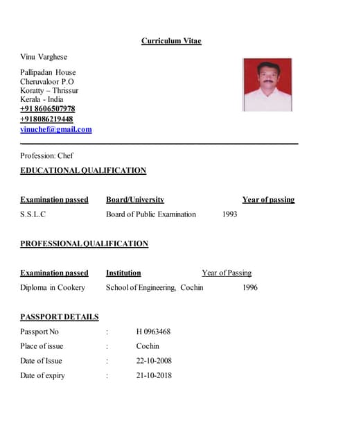 Vinoth radha. curriculum vitae | DOC | Cooking | Food & Drink