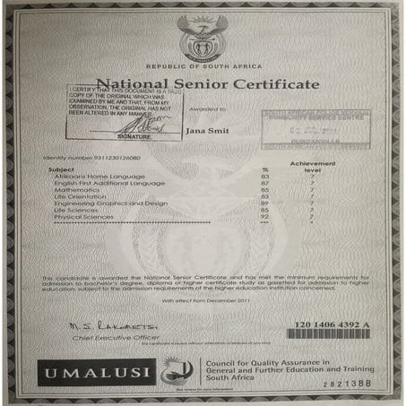 Matric Certificate - J Smit | PDF
