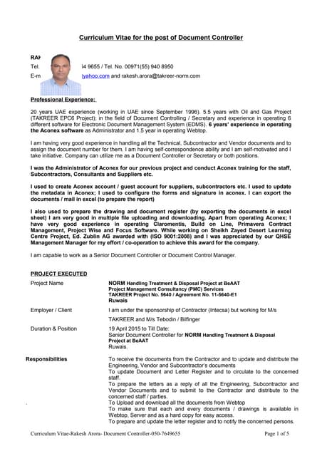 CV - Sr. Document Controller - Aconex - Passport - Mr. Satishkumar ...