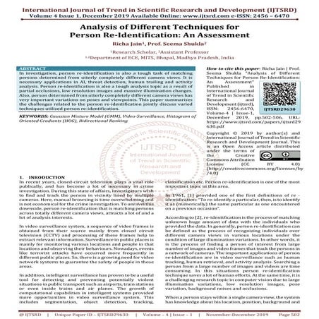 Analysis of Different Techniques for Person Re-Identification: An Assessment | PDF