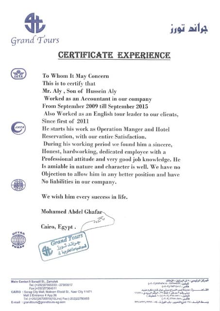 Four Seasons Tours, Experience Certificate | PDF