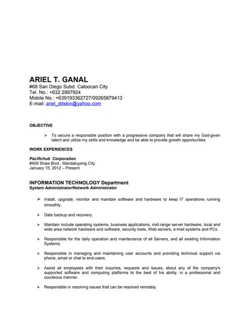 Jareds resume | DOC | IT and Internet Support | Internet