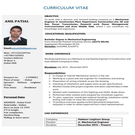 Anil CV 2 | DOCX | Civil Engineering Industry | Industries