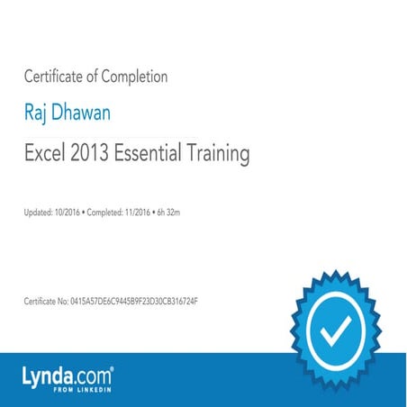 Excel2013EssentialTraining_CertificateOfCompletion | PDF