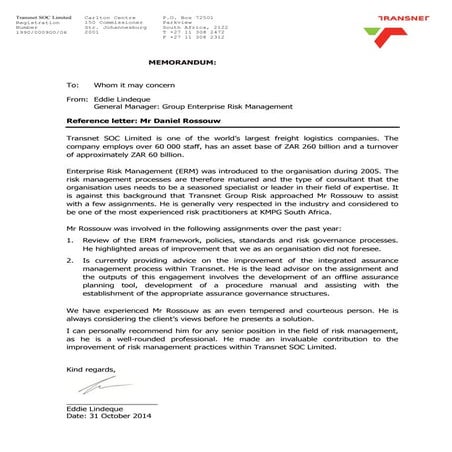 Transnet profile and reference letter | PDF