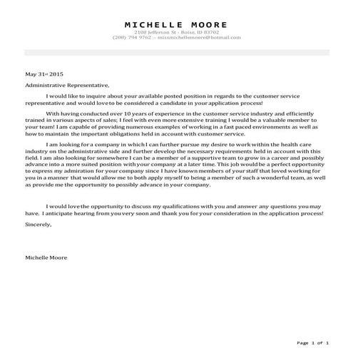 Michelle Moore CSR Cover Letter | PDF