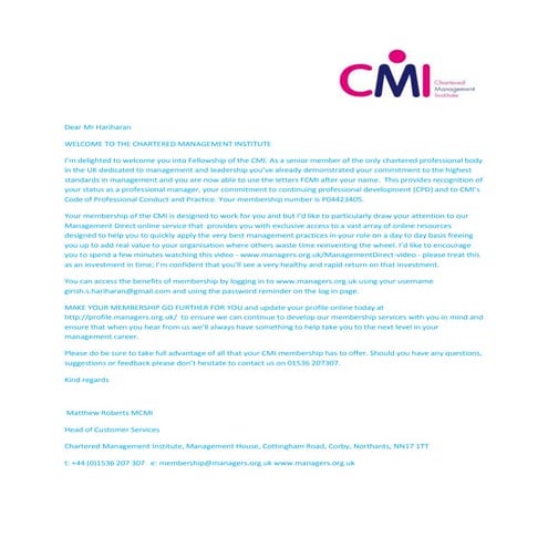 Welcome to CMI Membership | PDF