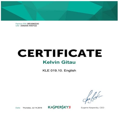 kelvin kaspersky certificate | PDF