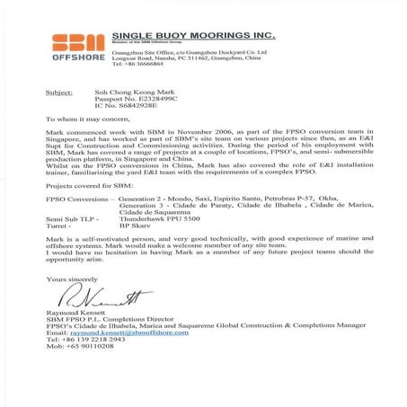 Reference letter from SBM Mr. Raymond Kensett | PDF