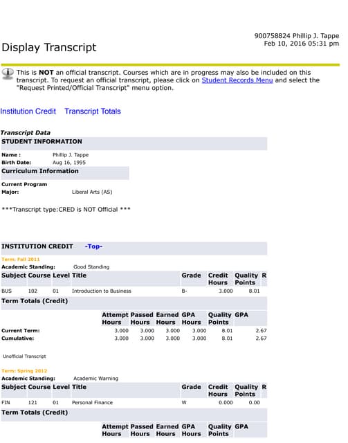 Iowa State U. Unofficial Transcript | PDF