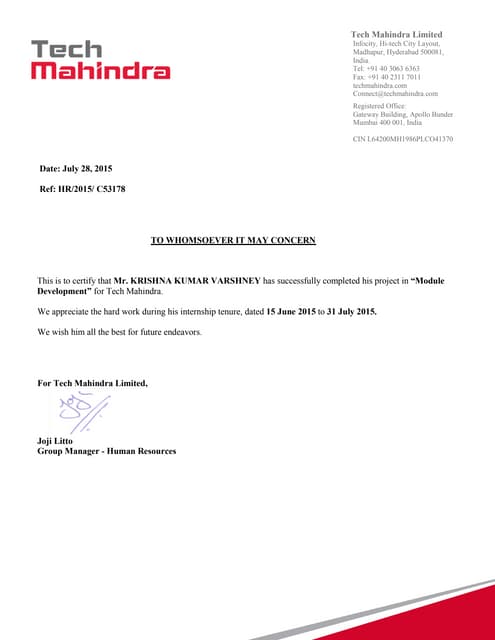Mahindra Intern Letter | PDF