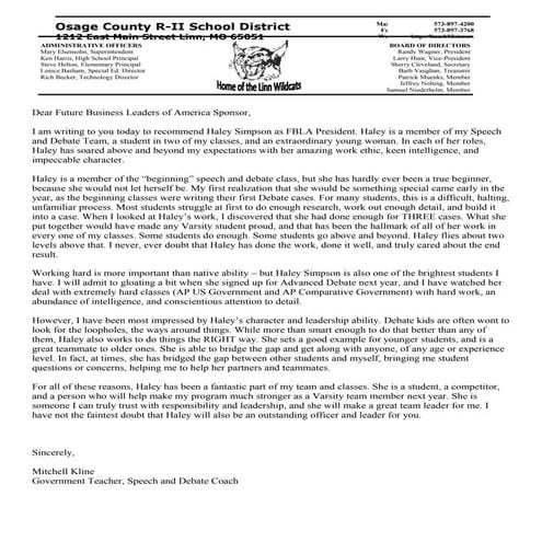 Recommendation Letter for FBLA - Kline | DOC