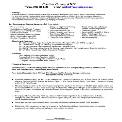 Cristina Gomez RHIT resume 2016 | DOC