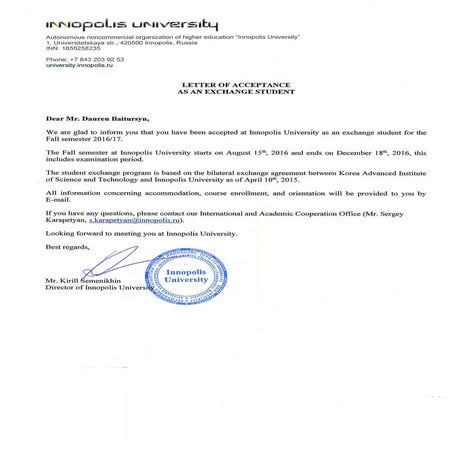 Dauren Baitursyn_letter of acceptance | PDF