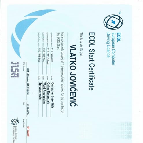 ECDL Certificate-Vlatko Jovicevic | PDF