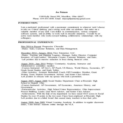 2016 Joes Resume | DOCX | Professional School | Postgraduate Education