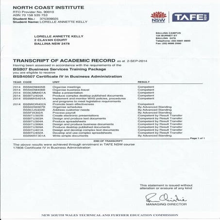 Certificate IV Business Administration Transcript | PDF