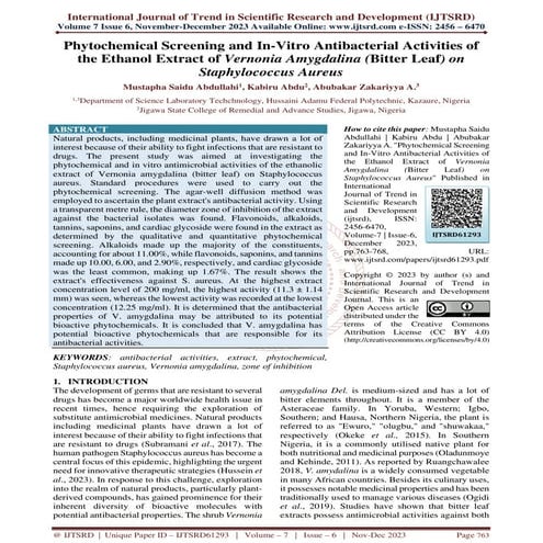 Phytochemical Screening and In Vitro Antibacterial Activities of the Ethanol Extract of Vernonia ...