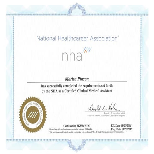 NHA Clinical Medical Assistant Certificate - Marisa Pinson | PDF ...